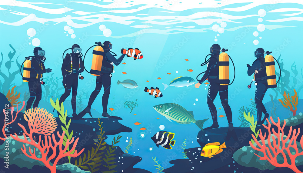 Discovering Marine Life: Divers Observing Fish and Coral Reef ...