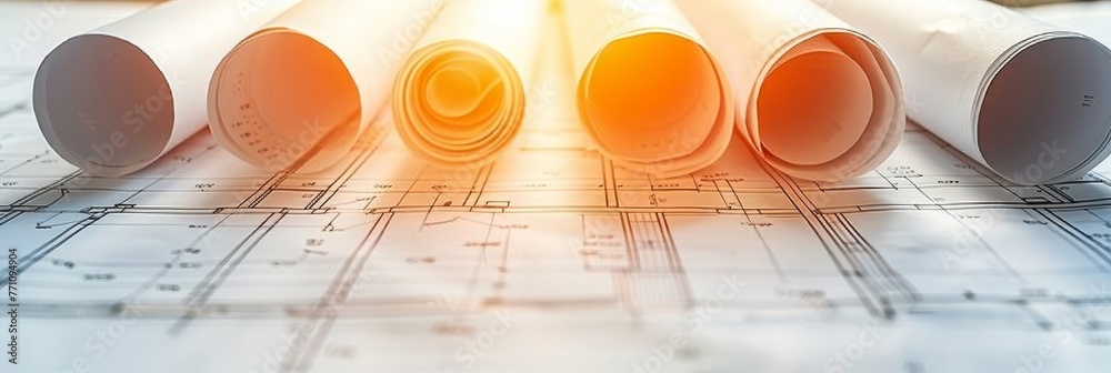 Architectural plan and technical project drawing on rolled paper for ...