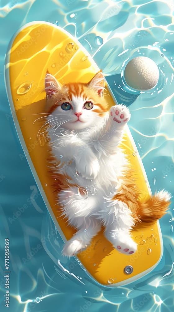 whimsical cartoon wallpaper, orange and white calico cat in pool on ...