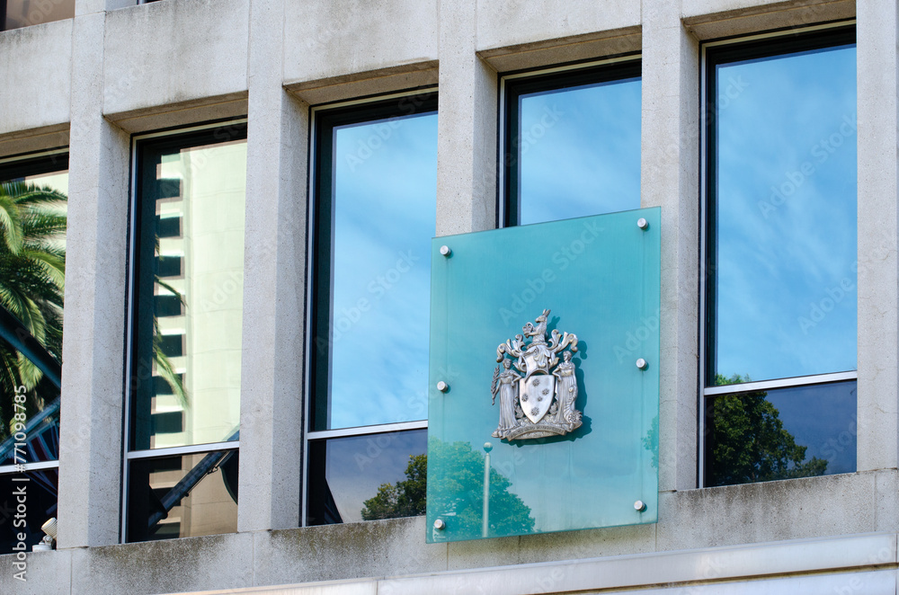 Coat of arms of Victoria on a building. It is the official heraldic ...