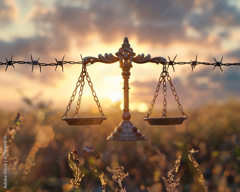 Pardon concept, 3D justice scales emerging from barbed barriers, symbol ...