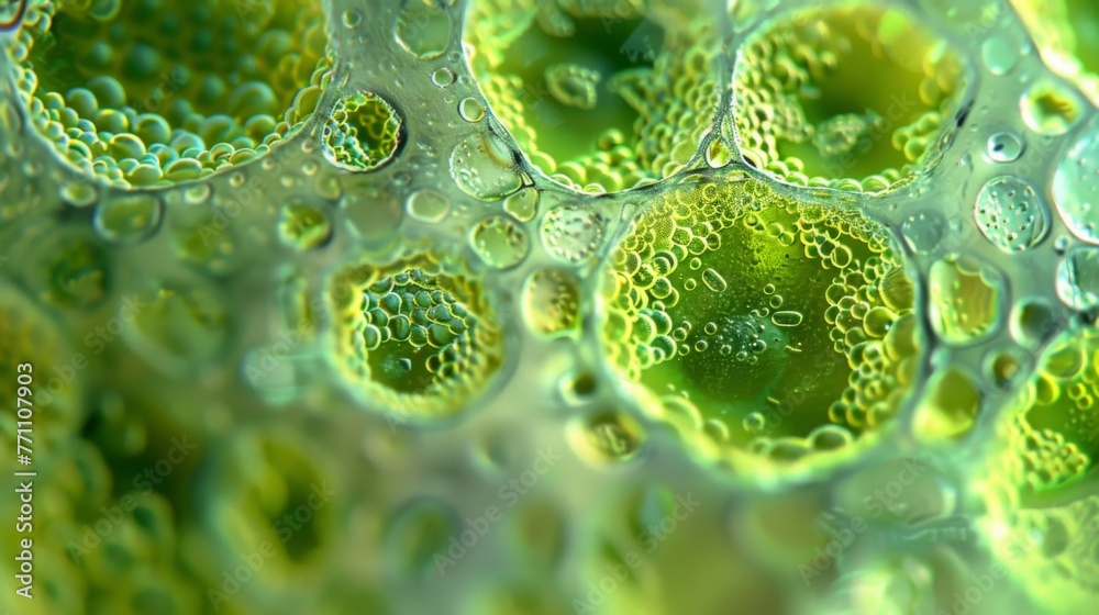 A microscopic view of a dense layer of green algae each cell packed ...