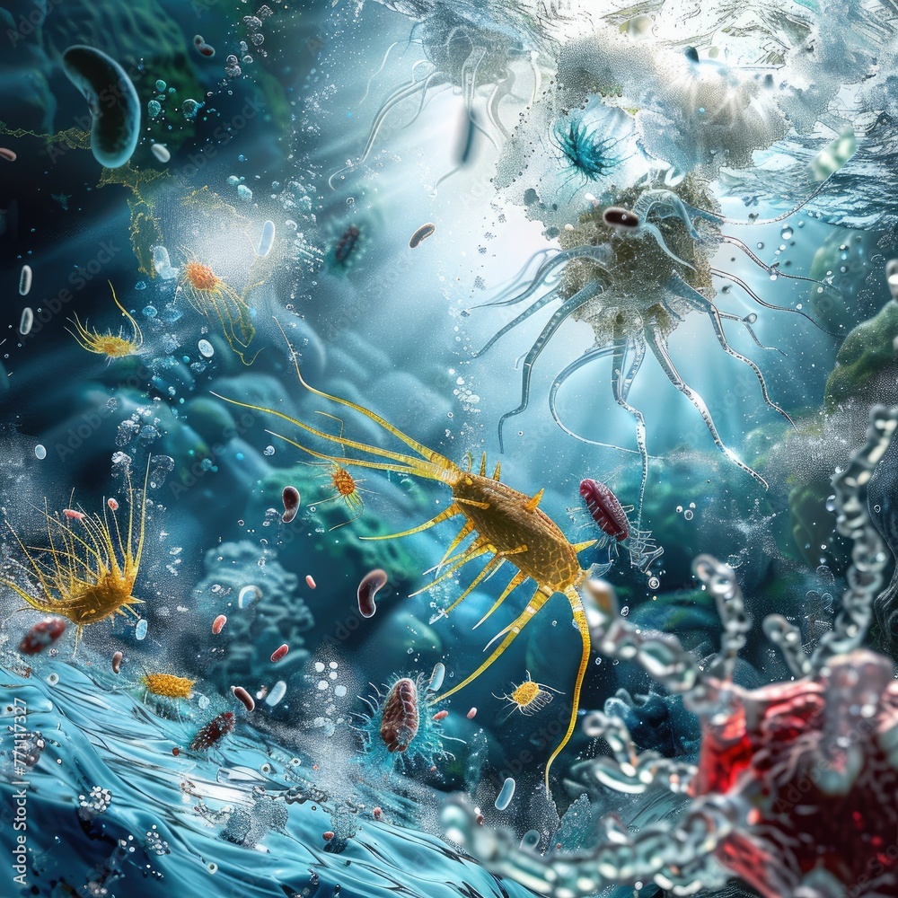 An artistic rendering of phages attacking bacteria resembling an ...