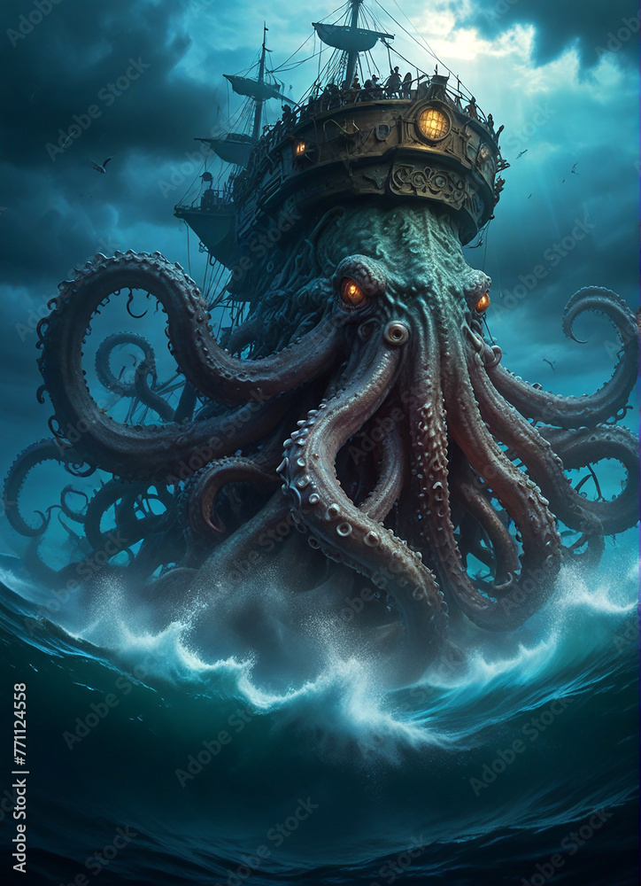 a terrifying kraken emerging from the depths of the sea, its massive tentacles engulfing ships ...