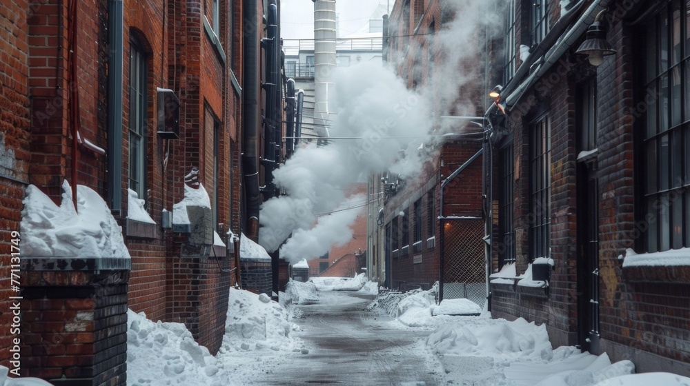 A quiet back alley lined with brick buildings covered in snow their ...