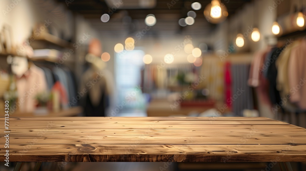 Blank wooden counter board on blurred clothing store background with ...
