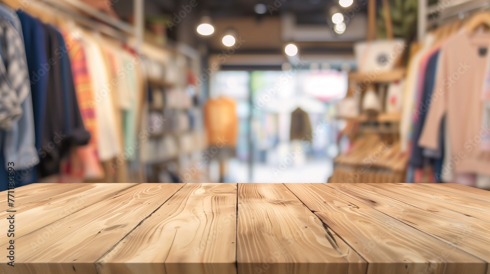 Blank wooden counter board on blurred clothing store background with ...