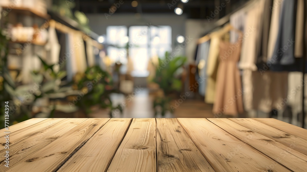 Blank wooden counter board on blurred clothing store background with ...