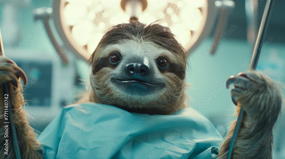 Surgeon Sloths Cinematic shots of sloths performing mock surgeries or ...