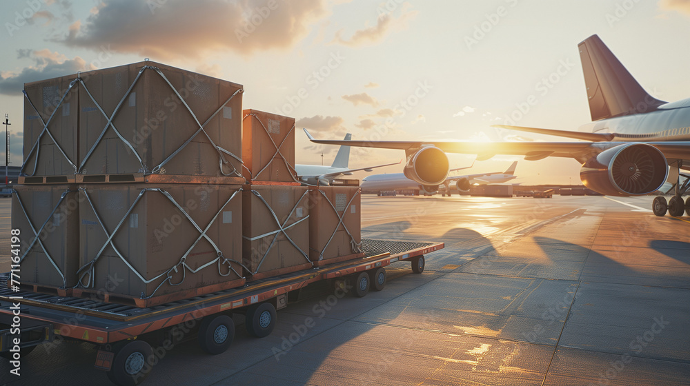 Air cargo logistic containers are loading to an airplane. Air transport ...