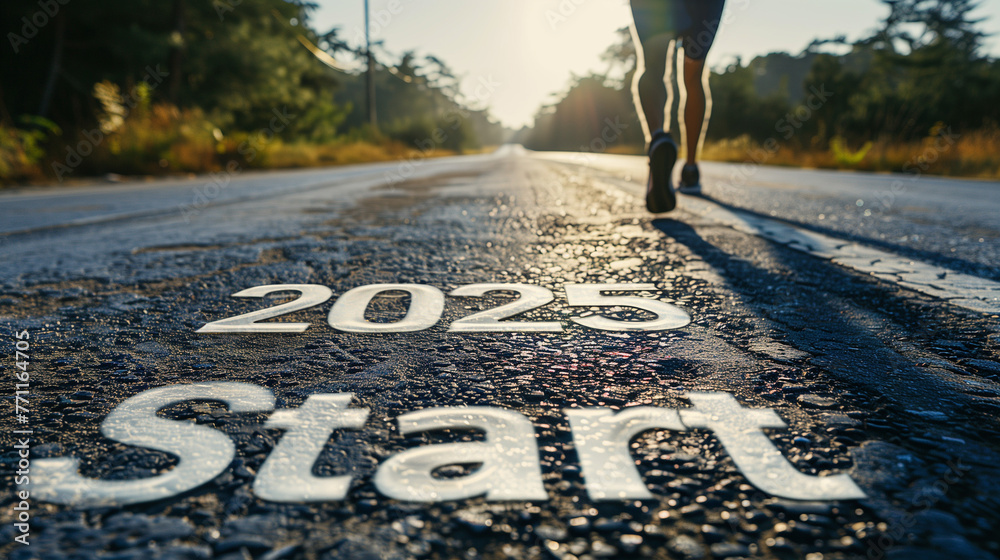 A person running down a road with the words start written on it ...