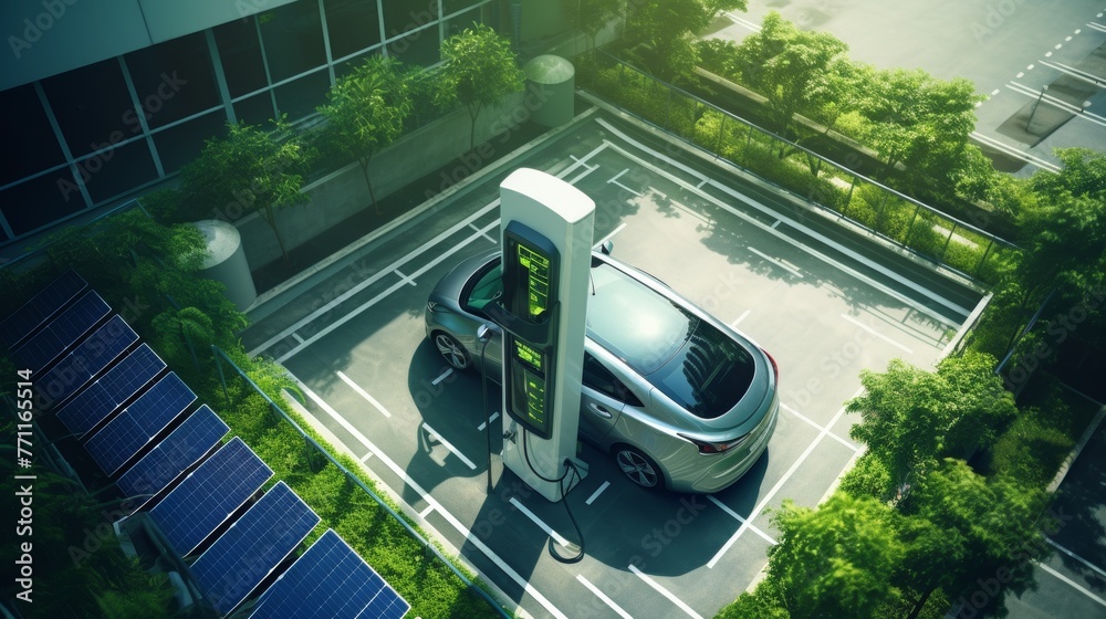 Aerial top view image of progressive green energy-powered charging ...