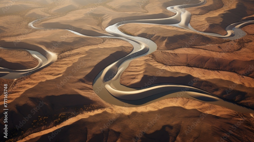 An aerial perspective of a serpentine river winding through the ...
