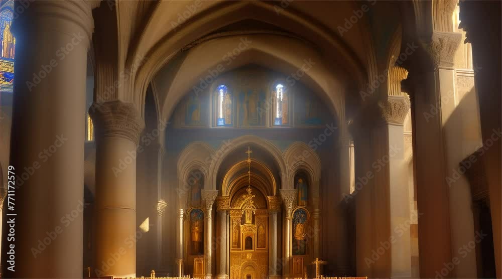 European church interior with Gothic architecture and ornate ceiling ...