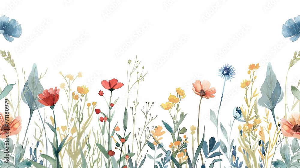Watercolor Hand Drawn Wildflower Border on White Background, Featuring ...