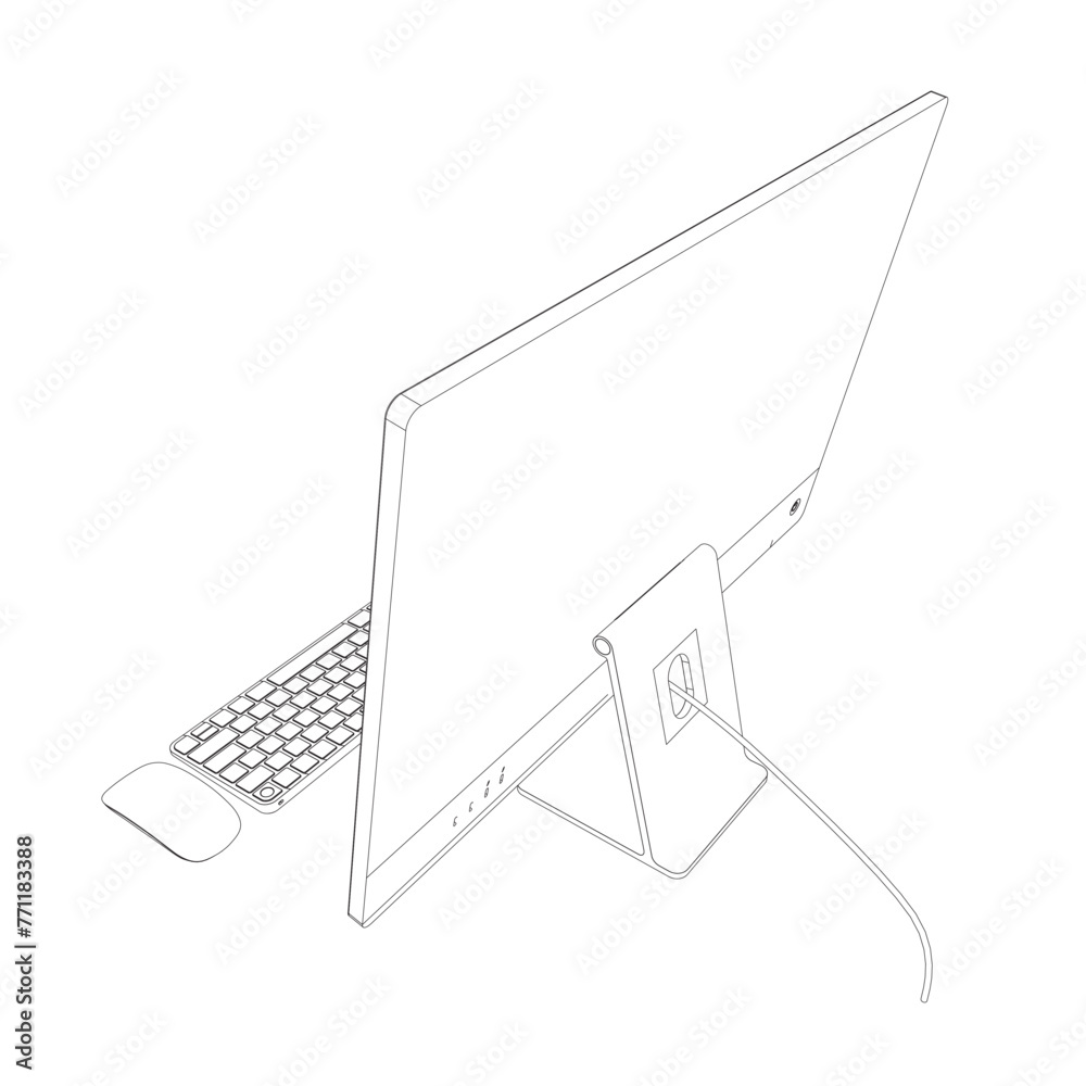 Monitor PC mockup. Outline thin frame monitor or PC with mouse and ...