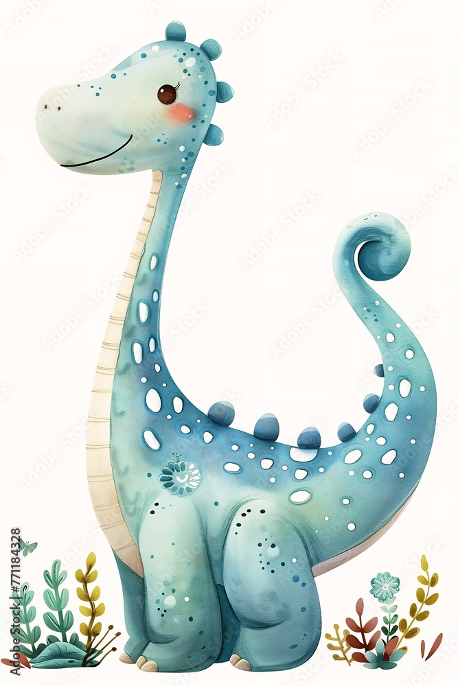 cartoon dinosaur sitting grass trend illustration blue scales white ...