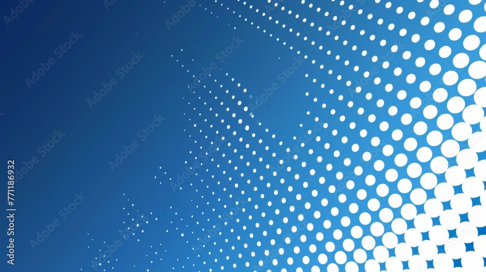 A blue halftone background features a gradient of white polka dots that ...