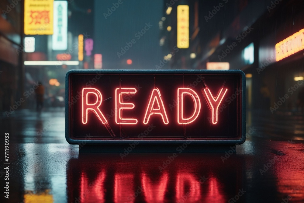 Slogan ready neon light sign text effect on a rainy night street ...