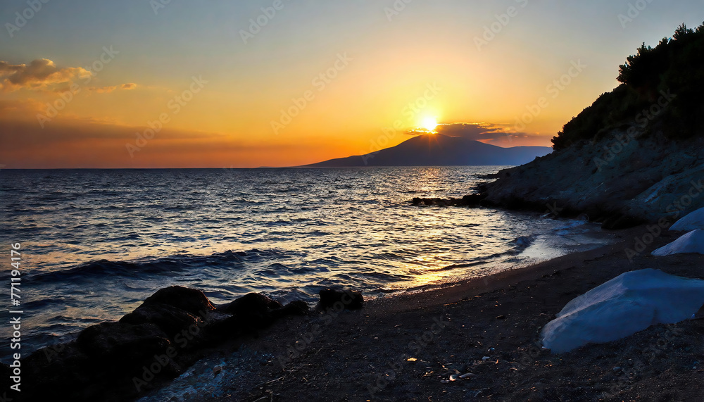 View of Samothrace island at sunset from the beach of Imbros island ...