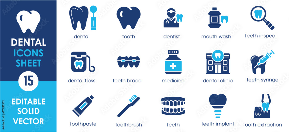 Dental icon set. Containing tooth, dentist, toothpaste, toothbrush, teeth, implant and so on ...