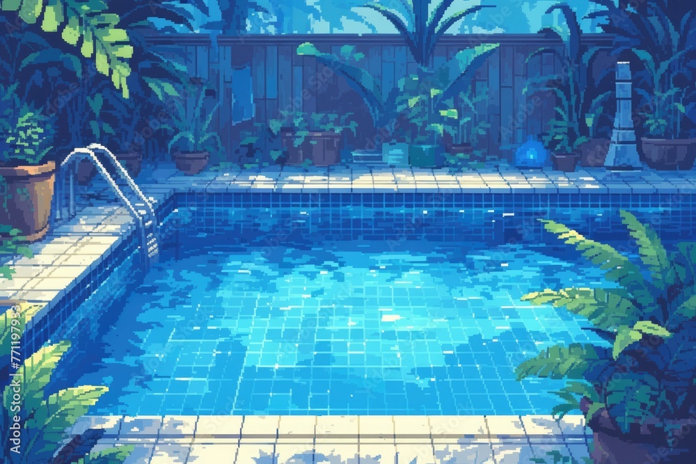 pixel art of an outdoor swimming pool, blue water, surrounded by ...