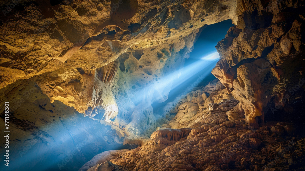 A flashlight shines a beam of light through a dark cave revealing ...