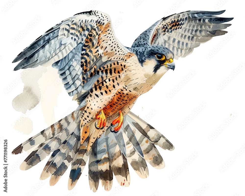 Amur Falcon in flight 80s retro watercolor clipart bold colors on a ...