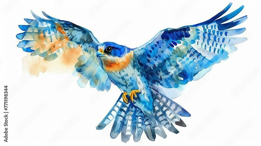 Amur Falcon in flight 80s retro watercolor clipart bold colors on a ...