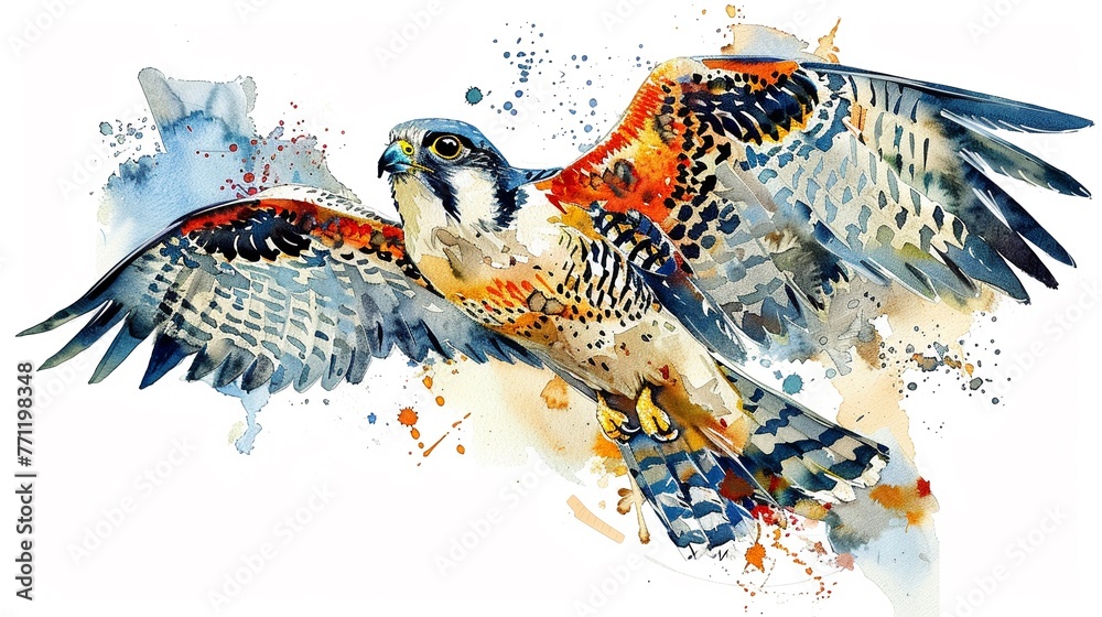 Amur Falcon in flight 80s retro watercolor clipart bold colors on a ...
