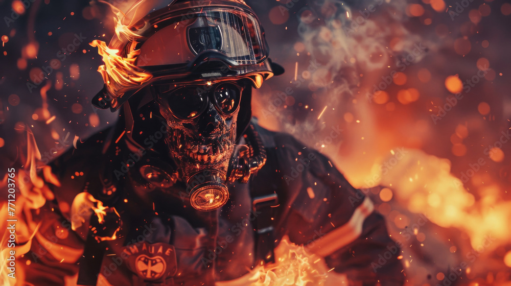 Firefighter zombie battling flames, expression of bravery, amidst a ...