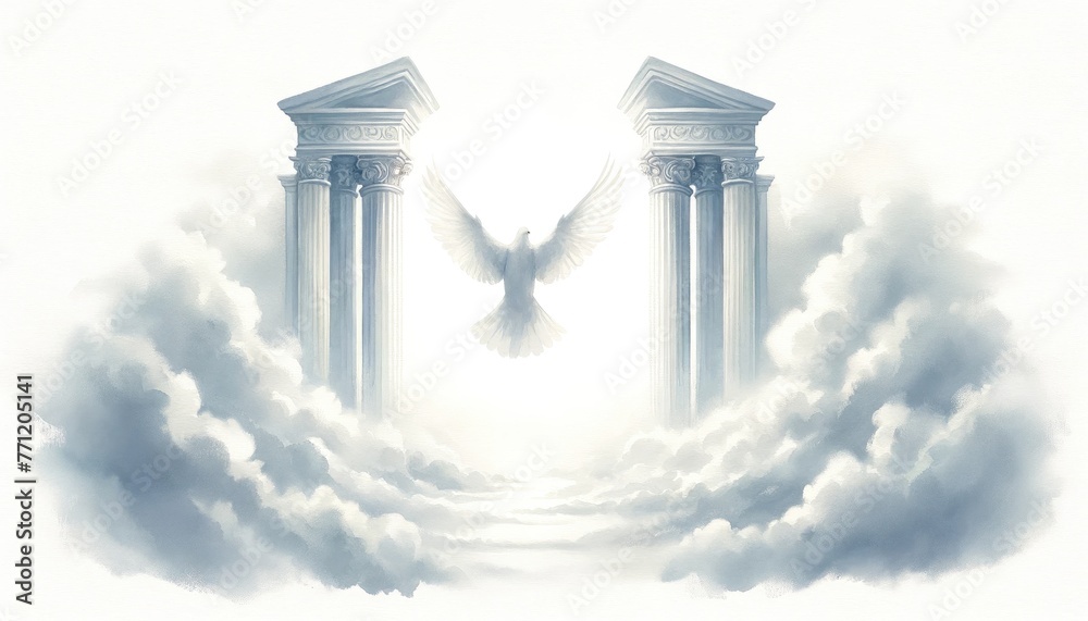 Ascending Dove. Ascension. Conceptual image of ancient pillars in the ...