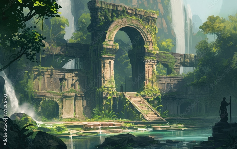 concept art of an ancient temple entrance in the jungle, with ...
