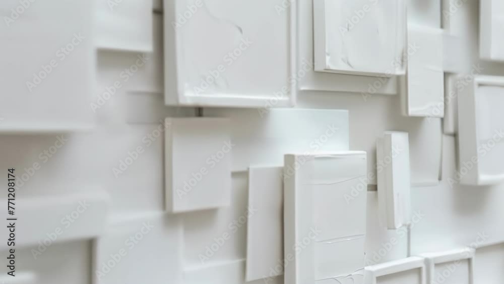 An art exhibit featuring a collection of white canvases each depicting ...