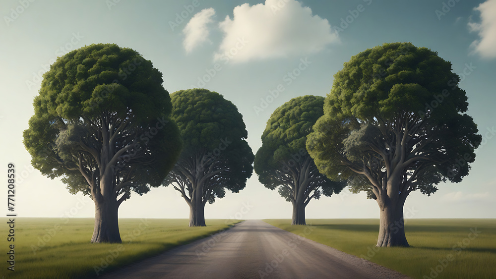 Trees shaped like a human brain standing in straight line ascendingly ...