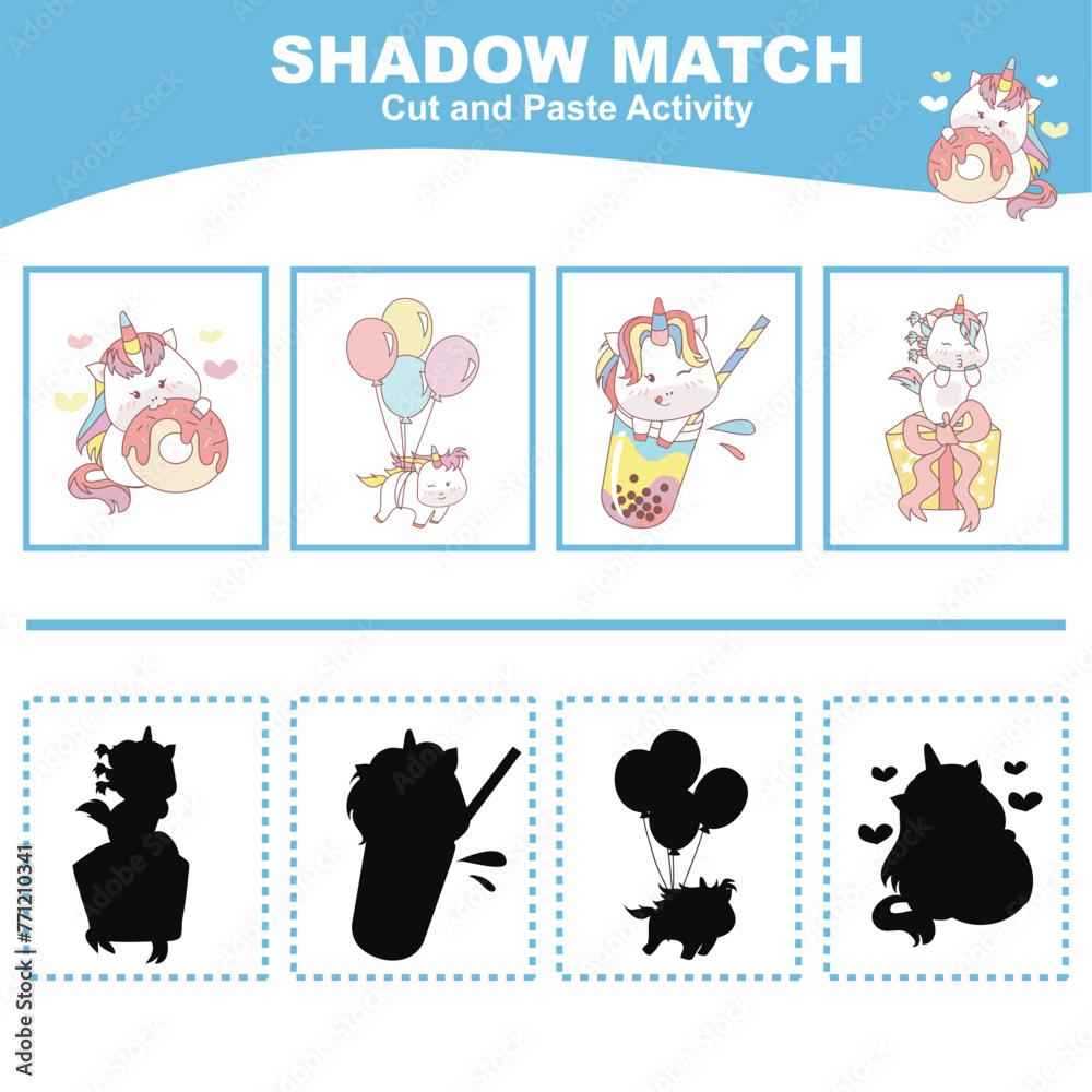 Vetor de Cut the image in each box and glue it on each shadow. Find the ...