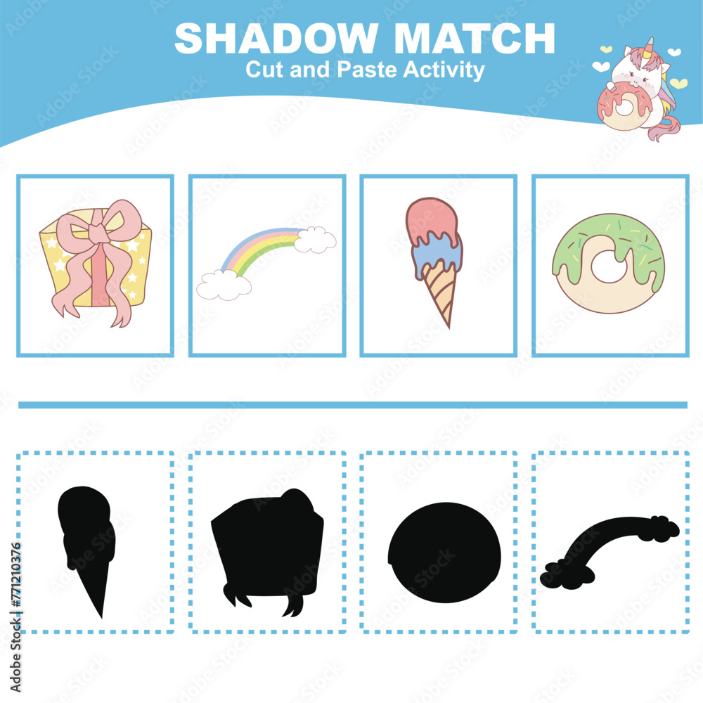 Cut the image in each box and glue it on each shadow. Find the correct ...