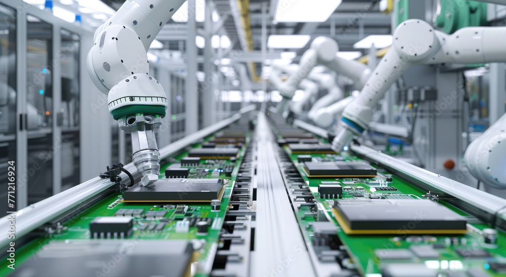 A photo of an advanced technology production line with robotic arms ...