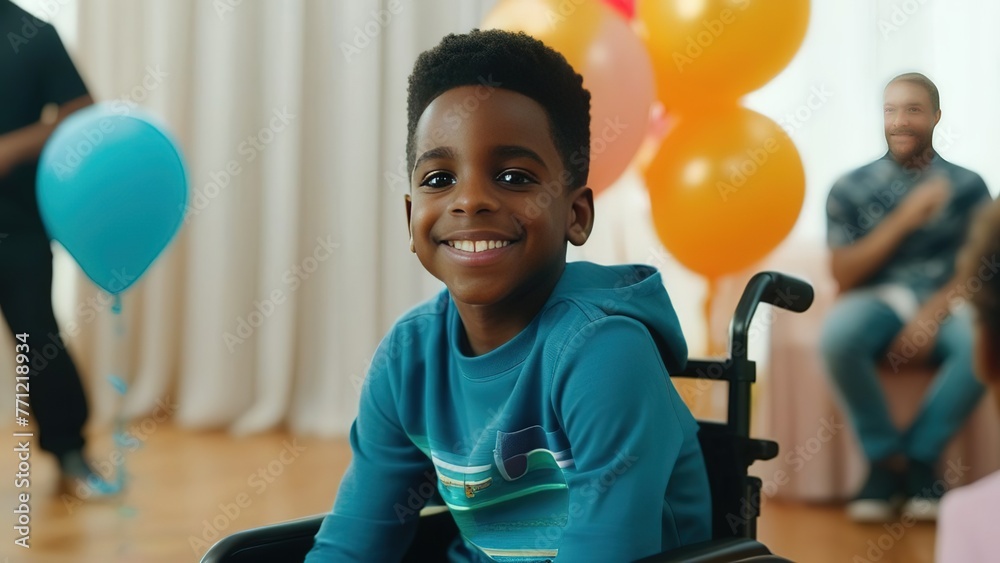 cute african american boy sitting in a wheelchair at a birthday party ...