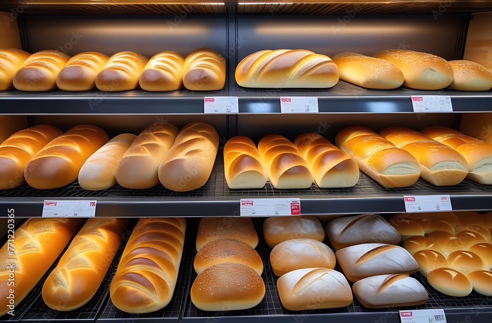 Breads on supermarket shelves, Different bread, baguettes, bagels ...