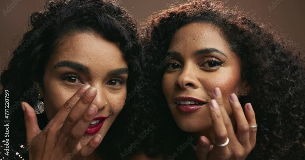 Happy woman, face and friends with makeup, beauty or cosmetics on a ...