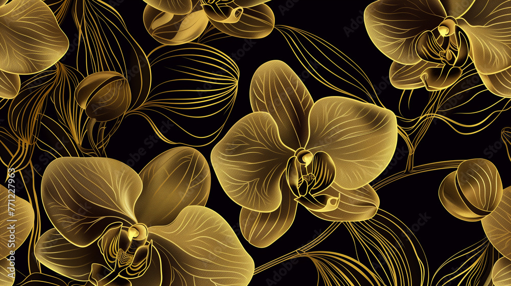 Luxury orchid seamless pattern background vector. Golden orchid line ...
