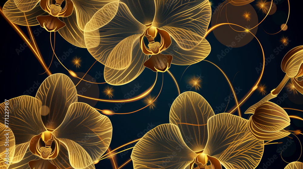 Luxury orchid seamless pattern background vector. Golden orchid line ...