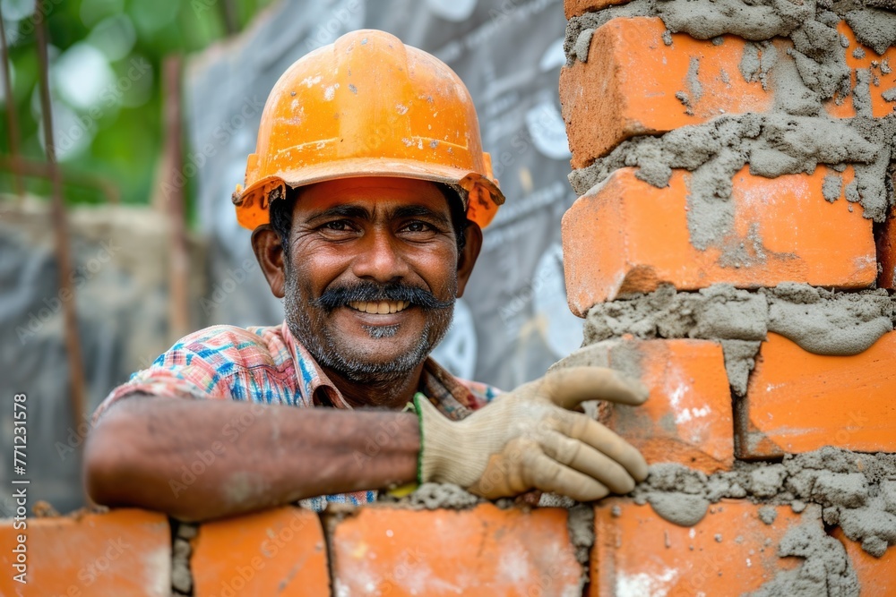 Smiling construction worker building wall with bricks and cement Stock ...