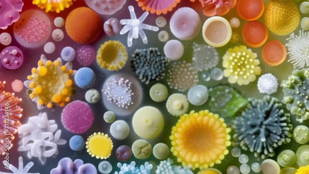 A collage of various types of pollen grains each one distinct in size ...