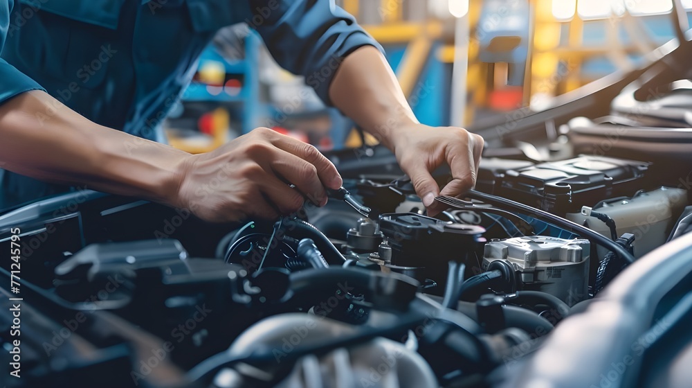 A photo of a mechanic's hand in the background of the workplace, which ...