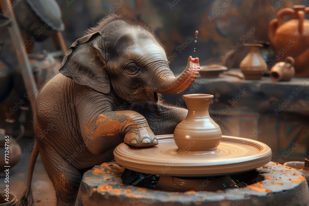 Illustrate an elephant trying its trunk at pottery, carefully molding ...