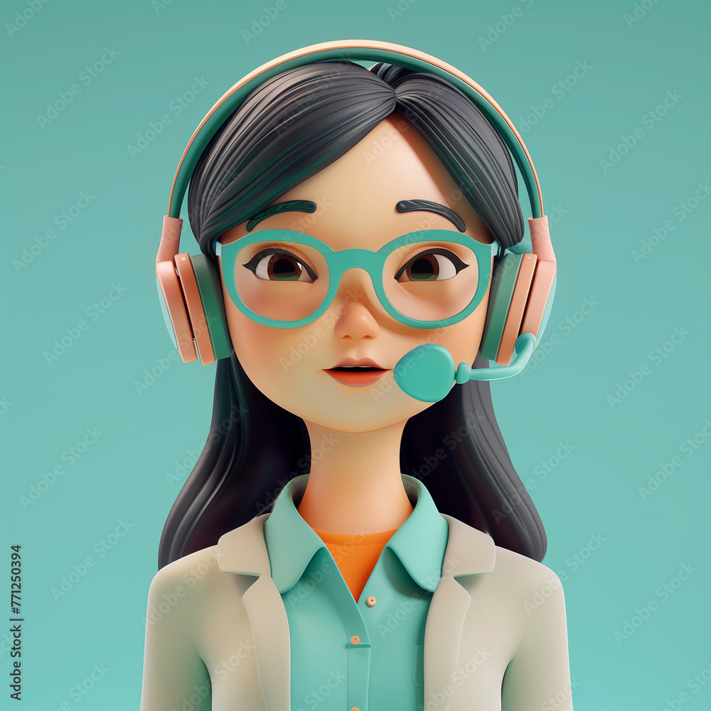 Call center Asian female agent talking. 3d character. Front view. Young ...