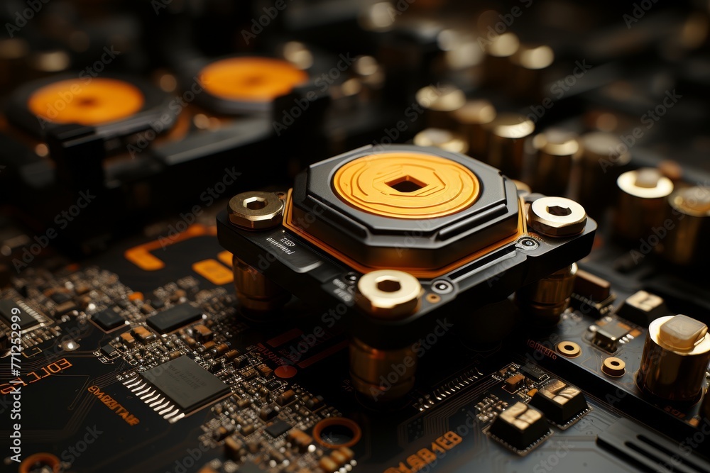 a futuristic oil pump integrated into a graphical motherboard interface ...