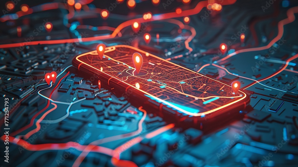 Modern GPS interface on digital device, detailed map with routes and ...